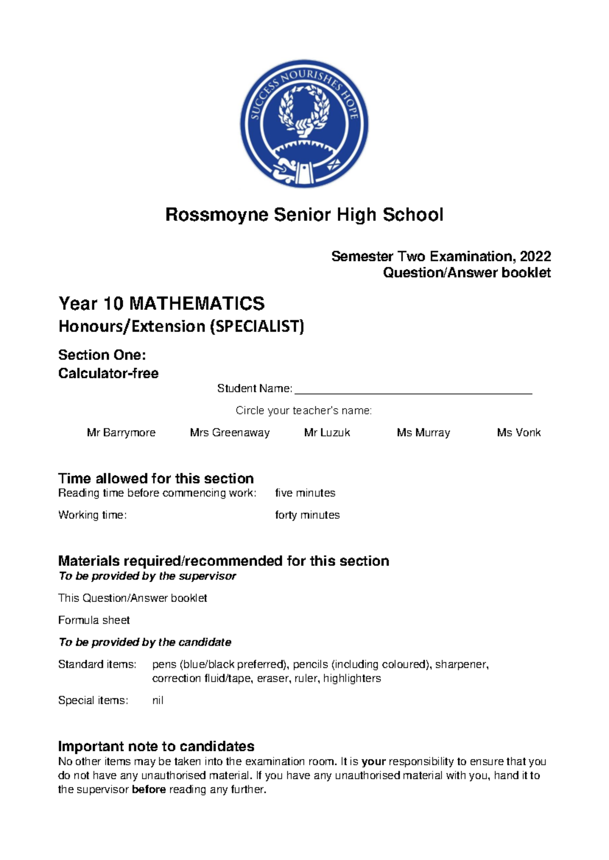 Year 10X Sem 2 Math Exam (Honours/Extension) 2022 - Q&A Booklet - Studocu