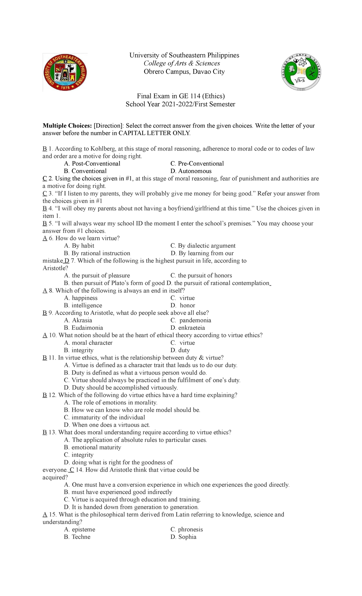 Final Exam Study Guide for GE 114 (Ethics) - SY 2021-2022 - Studocu