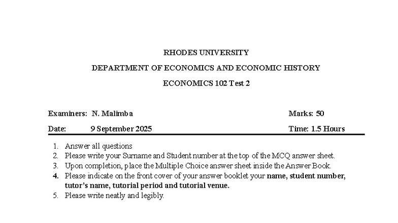 Economics 102 Test 2 - MCQs and Short Answer Guide - Studocu