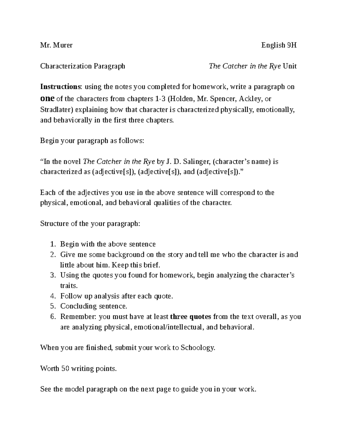 English 9H Characterization Paragraph: The Catcher in the Rye Analysis ...