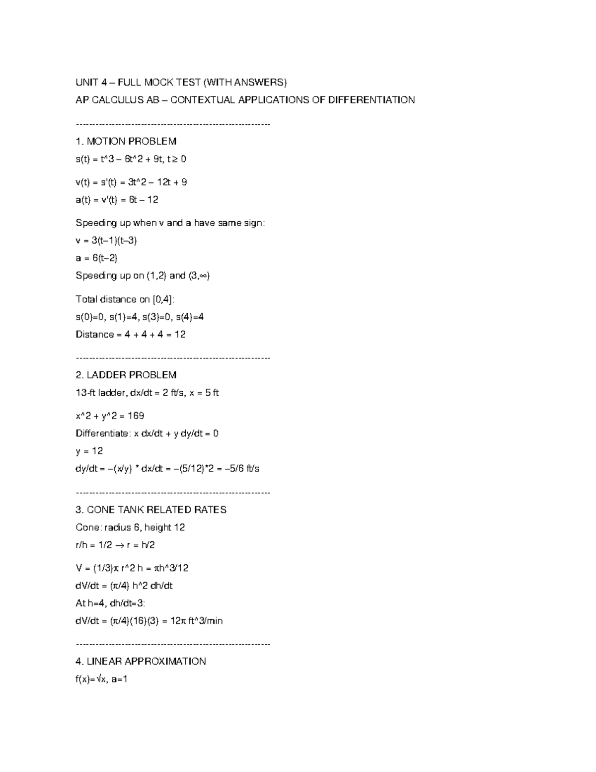 Unit 4 Full Mock Test with Answers - AP Calculus AB - Studocu