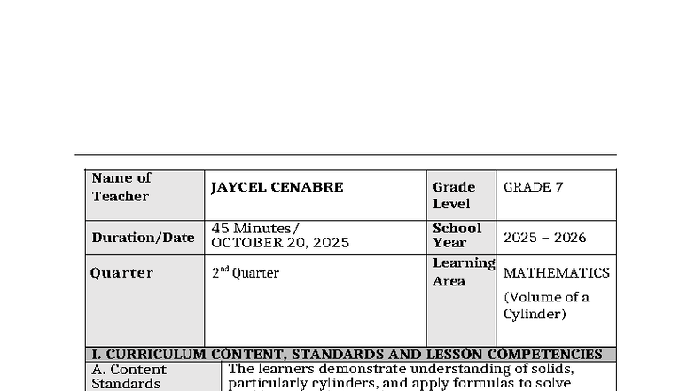 Cenabre Lesson Plan for Grade 7 Math: Volume of a Cylinder - Studocu