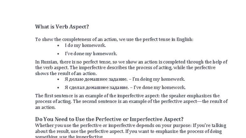 Verb Aspect in Russian: Understanding Perfective vs. Imperfective - Studocu
