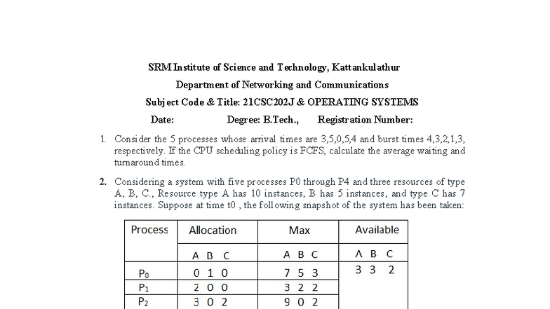 21CSC202J OPERATING SYSTEMS Lab Questions and Solutions for B.Tech. - Studocu