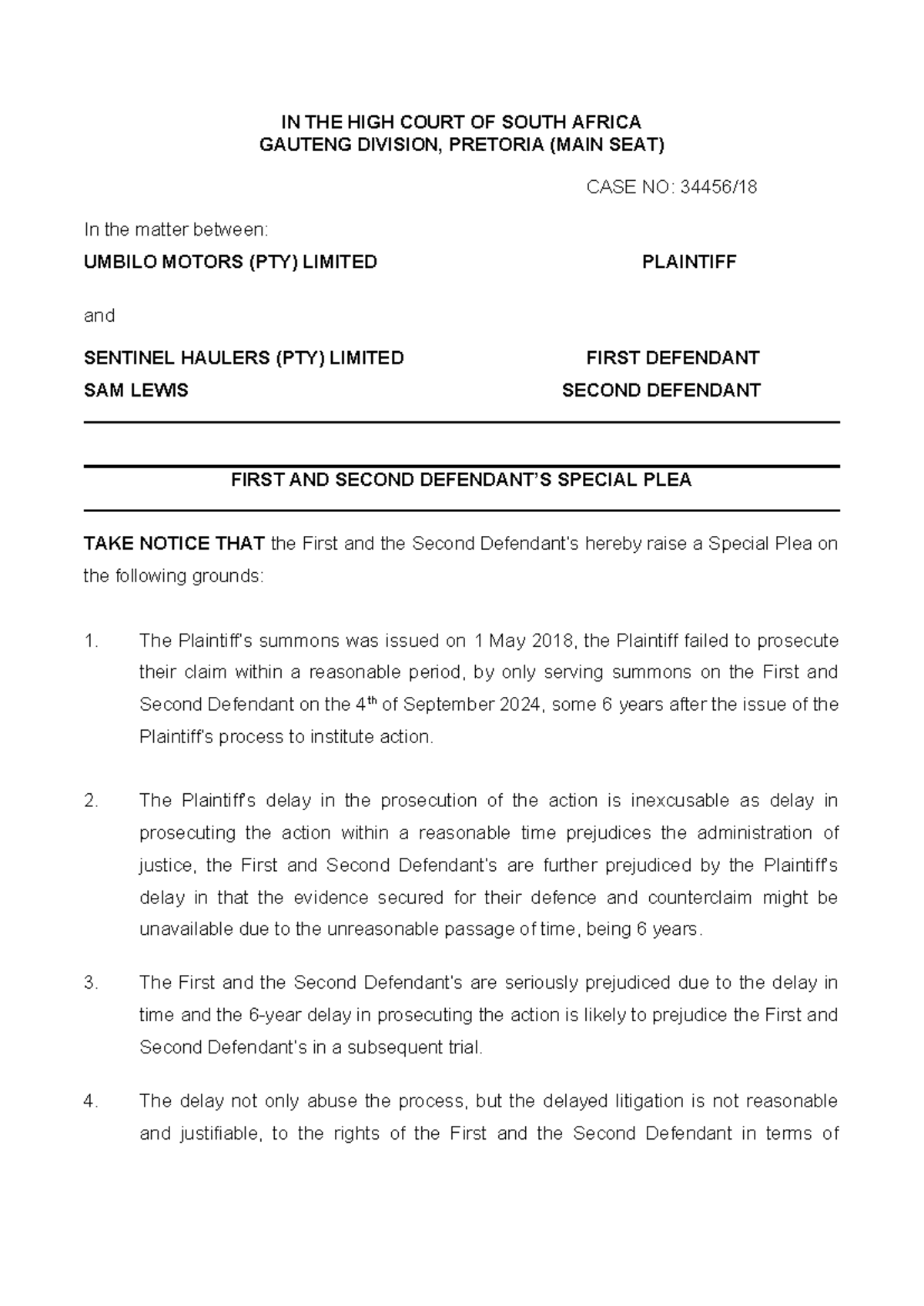 Special PLEA SH TDT Final - IN THE HIGH COURT OF SOUTH AFRICA GAUTENG ...