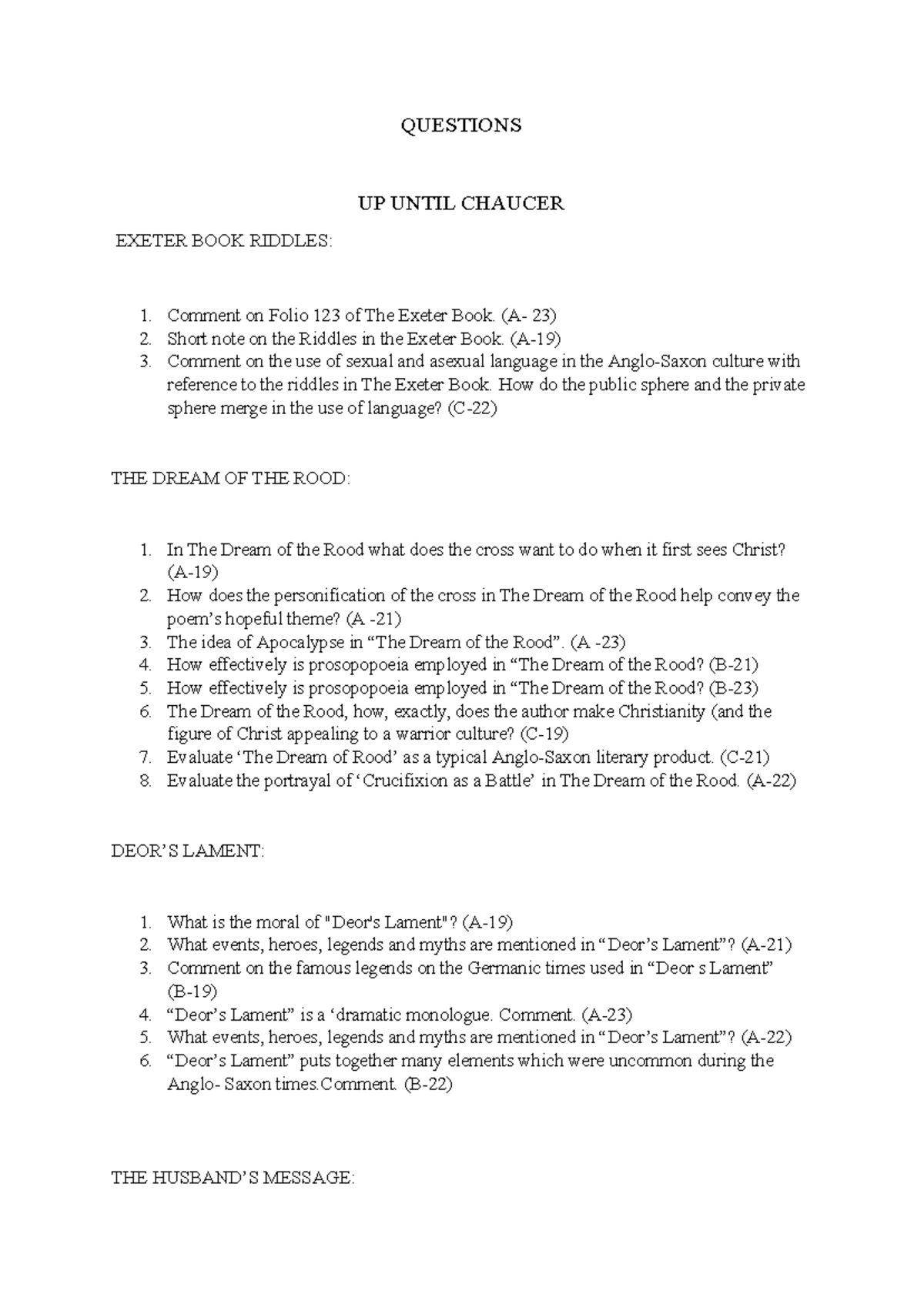 Chaucer Studies: Questions on Exeter Book Riddles & More - Studocu