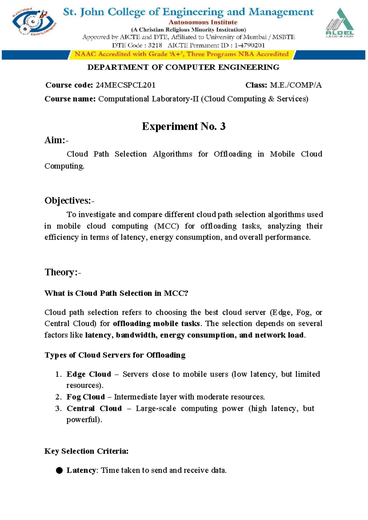 Experiment No. 3: Cloud Path Selection Algorithms in MCC (24MECSPCL201 ...
