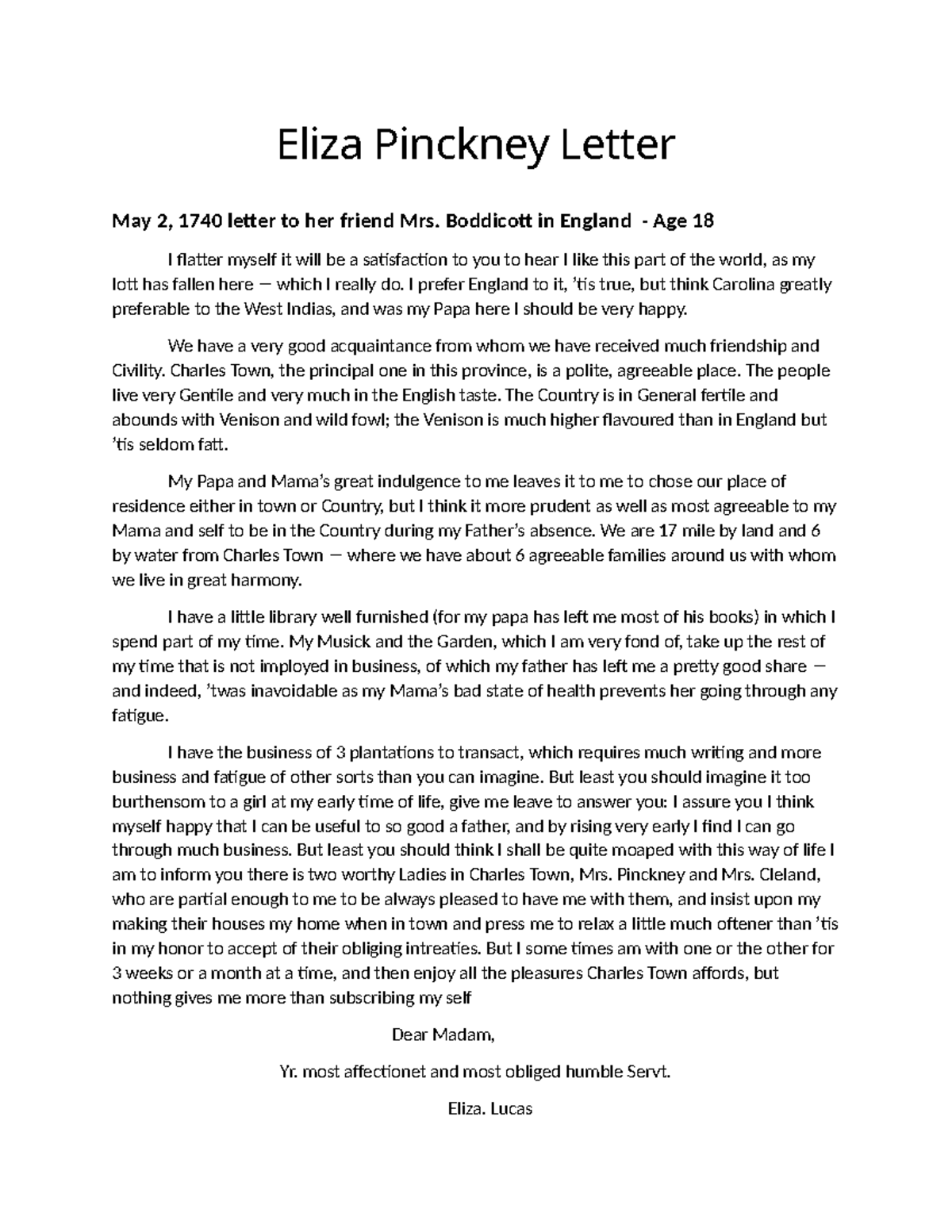 Eliza Pinckney's Letter to Mrs. Boddicott: Life in Colonial SC, 1740 ...