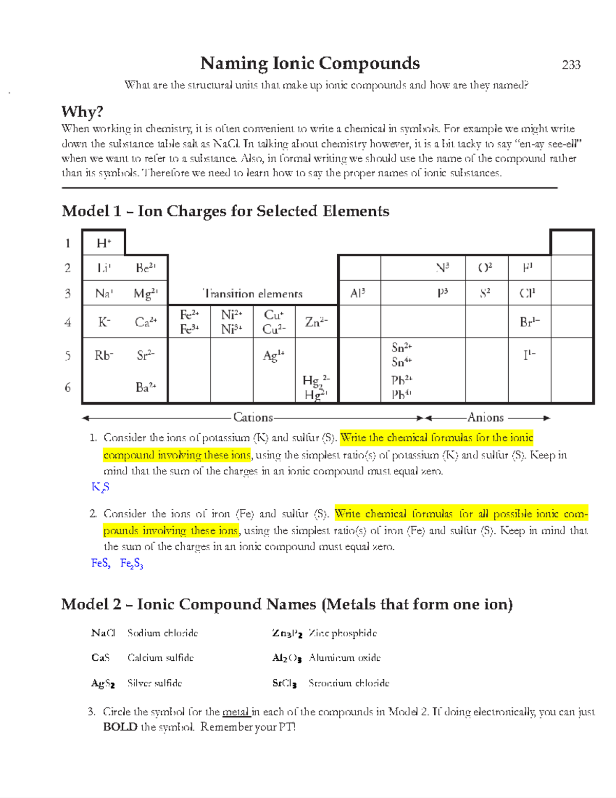 Naming Ionic Compounds - For example we might write down the substance ...