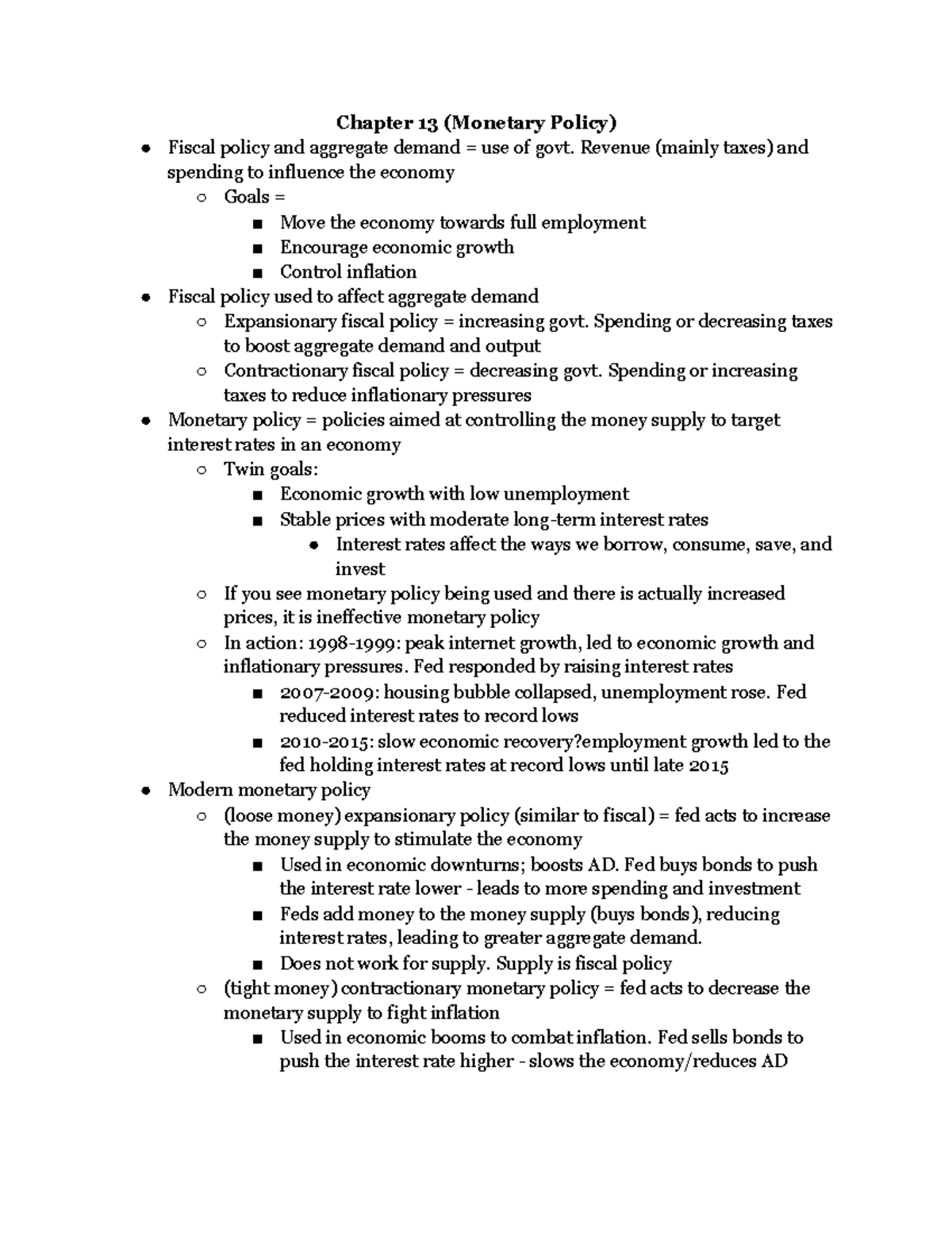 Macro Ch.13 Notes: Understanding Monetary Policy and Its Impact - Studocu