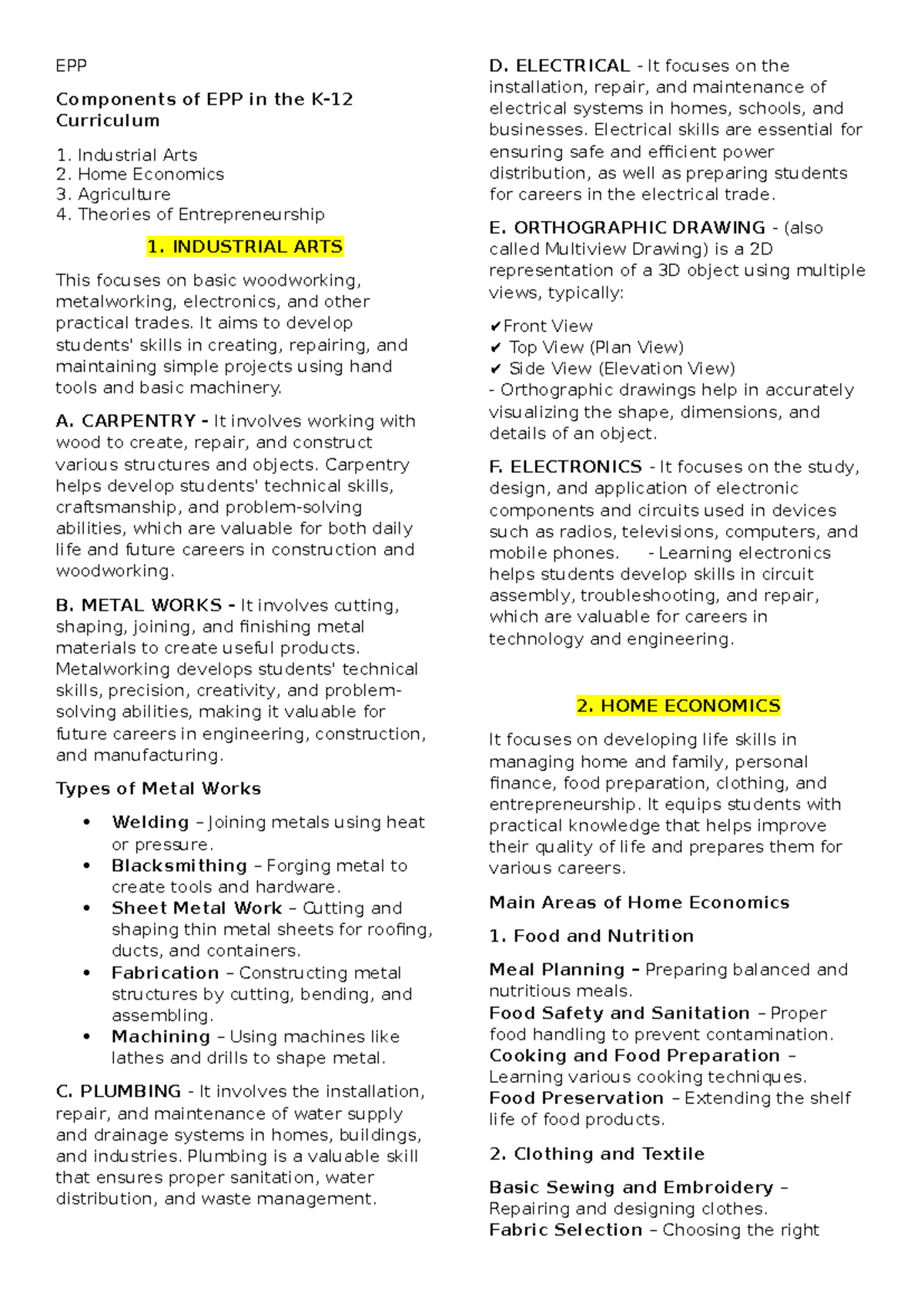 EPP-Notes: Components of EPP in Curriculum - Industrial Arts, Home Ec ...