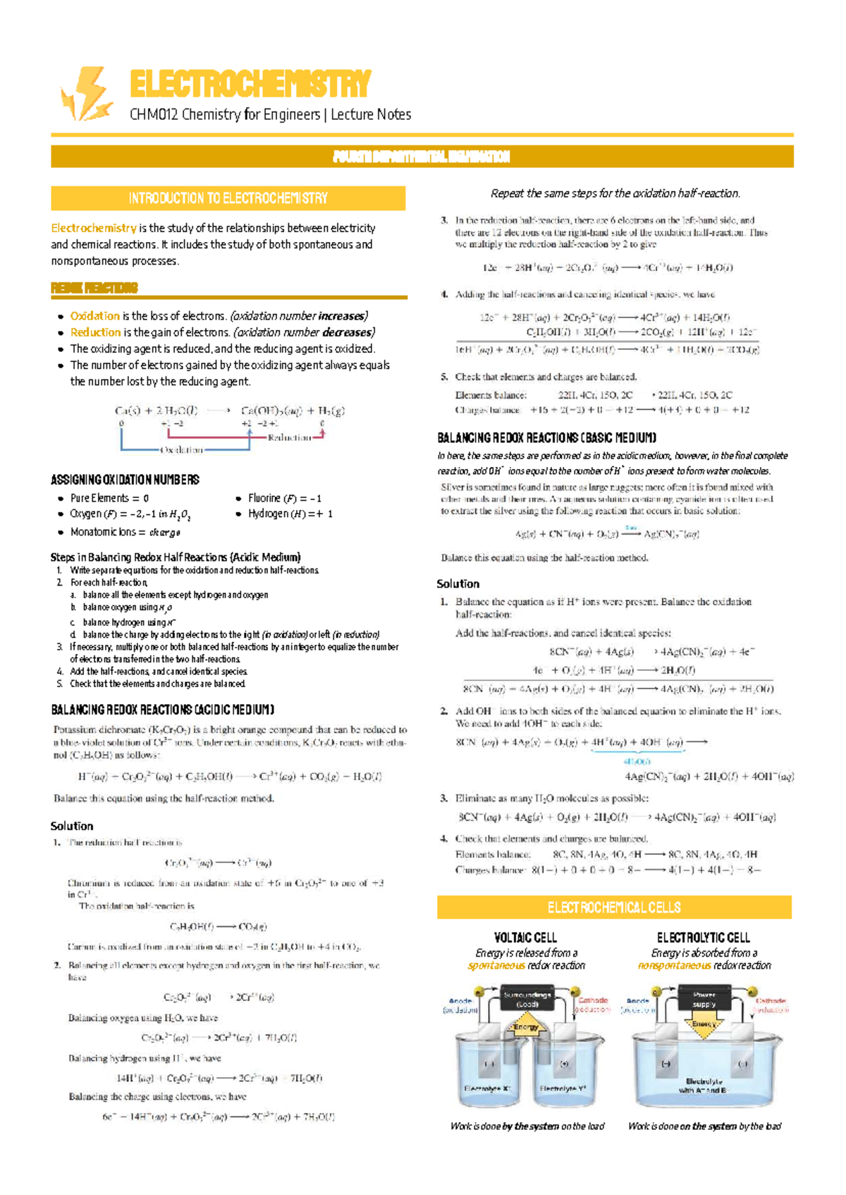CHM012 Final Exam Lecture Notes on Electrochemistry and Redox Reactions ...