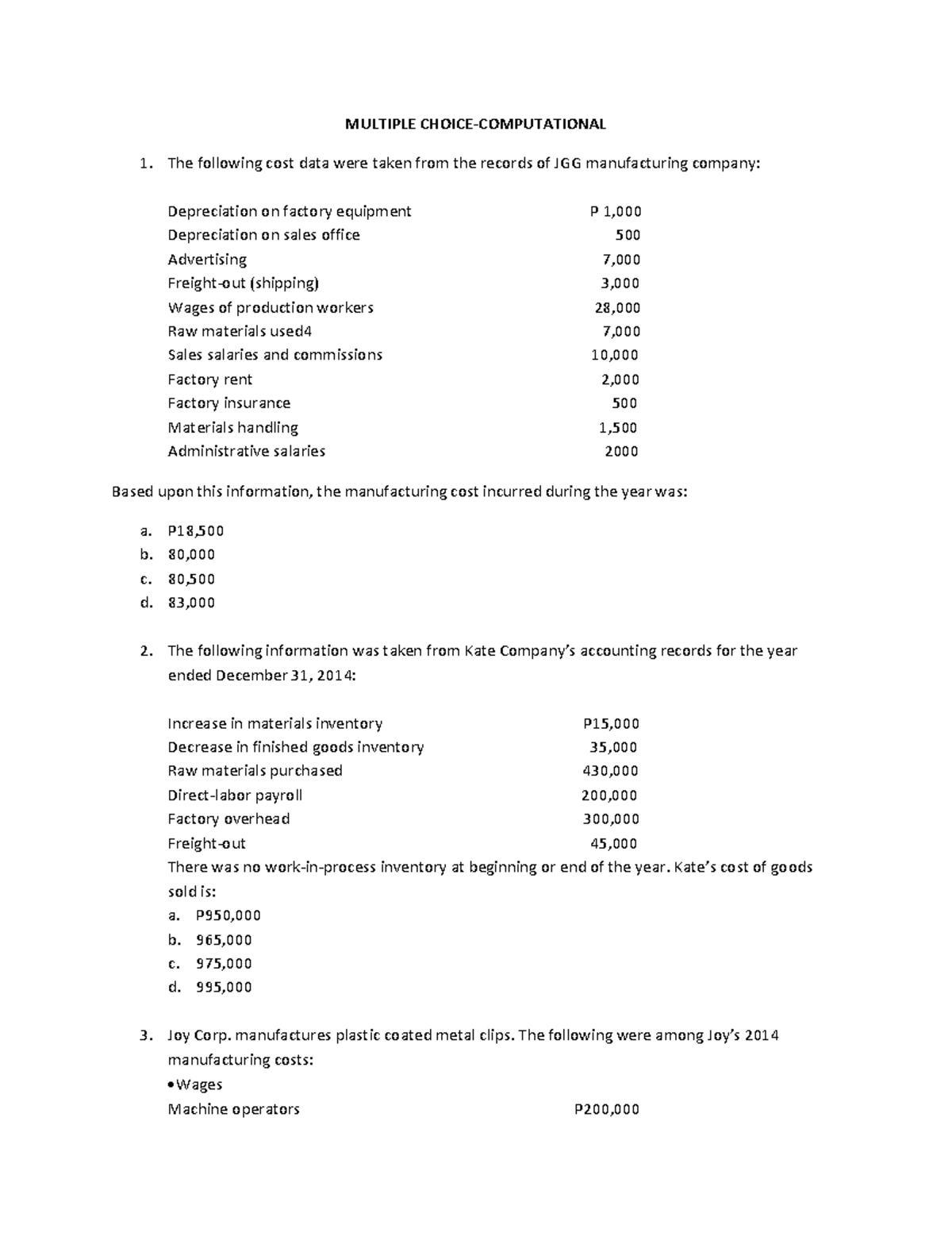 Cost Accounting Prelims Practice: Multiple Choice Questions 1-50 - Studocu