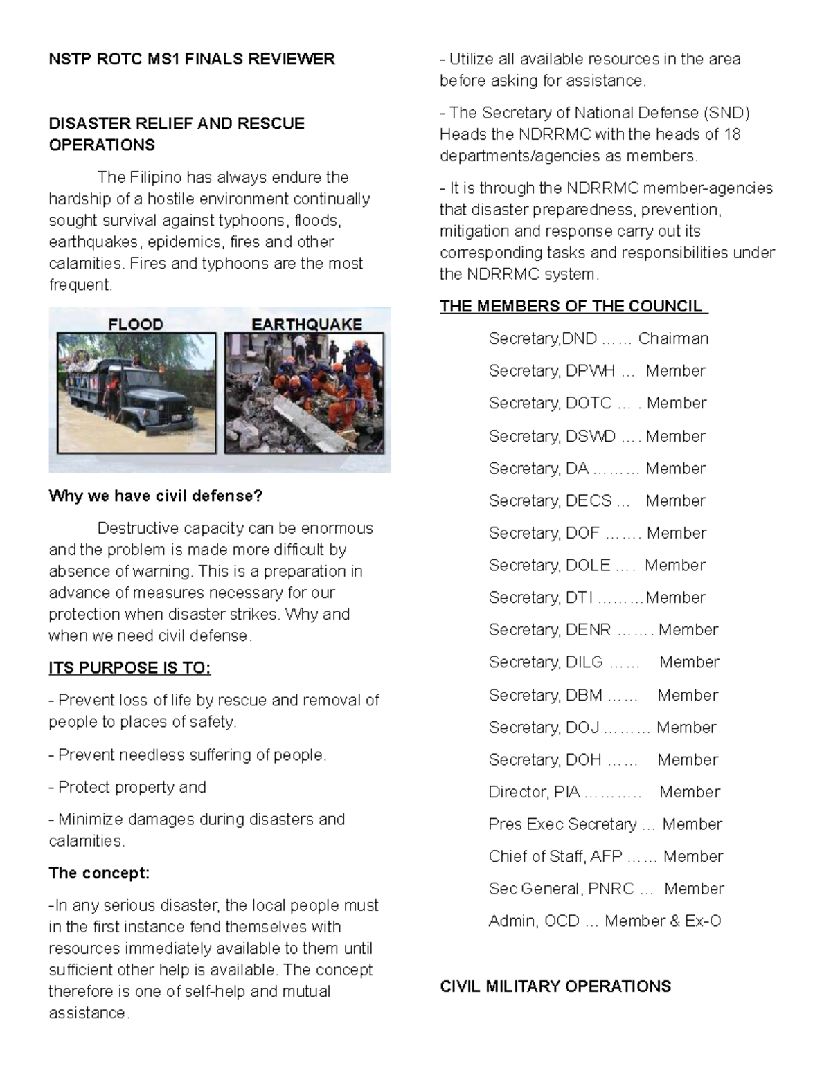 NSTP ROTC MS1 FINALS REVIEWER: Disaster Relief & Rescue Ops Guide - Studocu