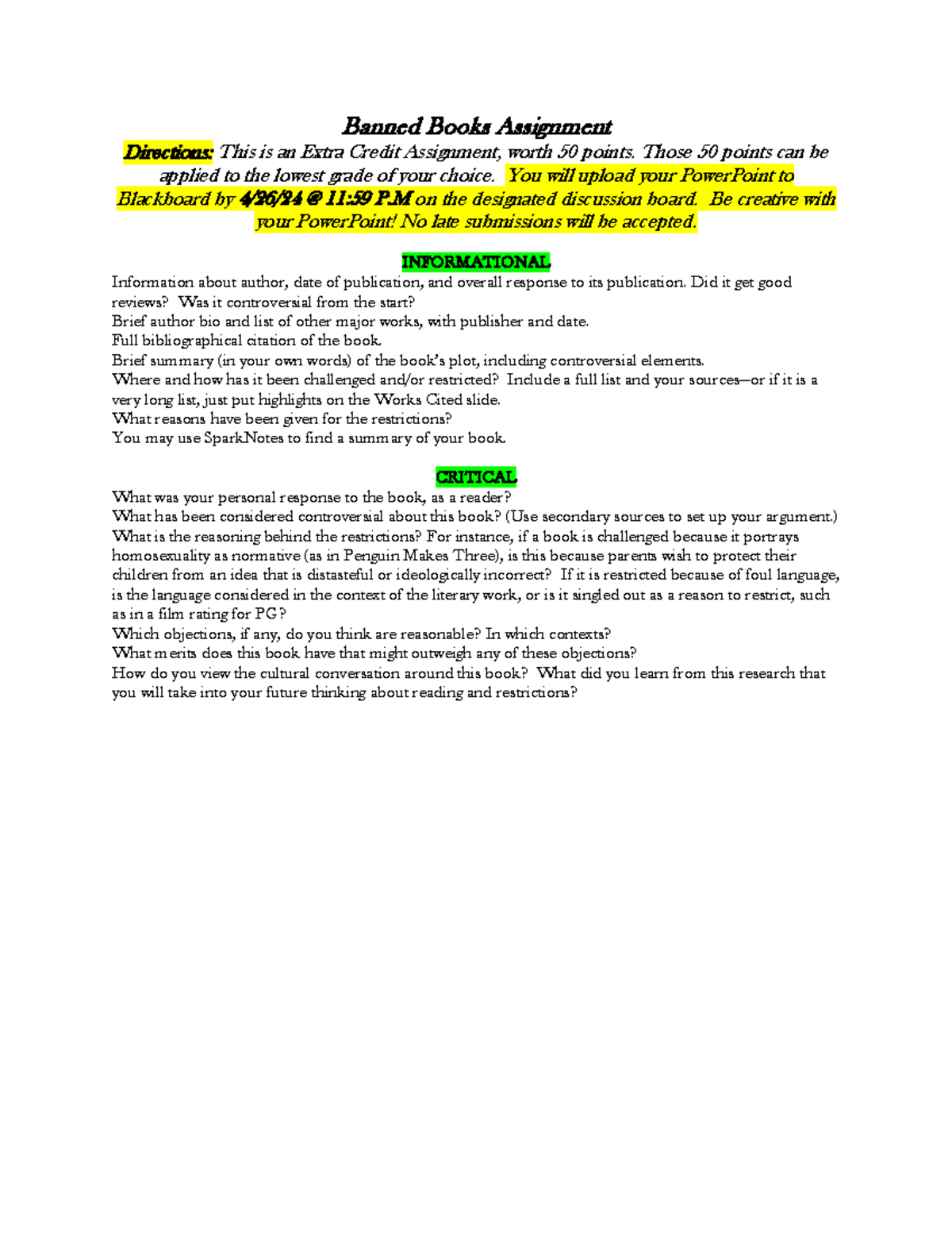 Banned Books Extra Credit Assignment Directions 1101 - Studocu