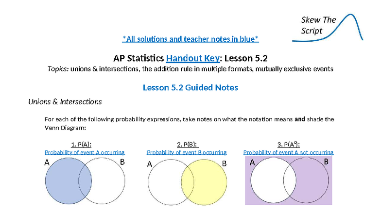 AP Statistics (5.2) Lesson Notes: Unions, Intersections & Probability ...