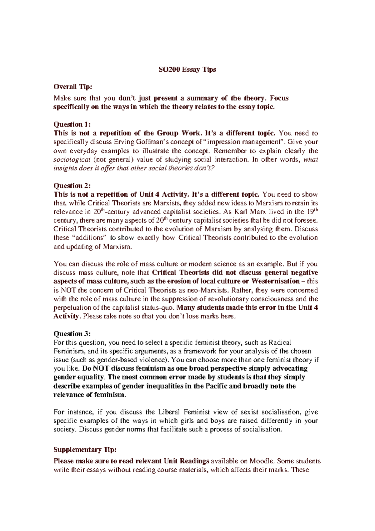 SO200 Essay Tips and Guidelines - Studocu