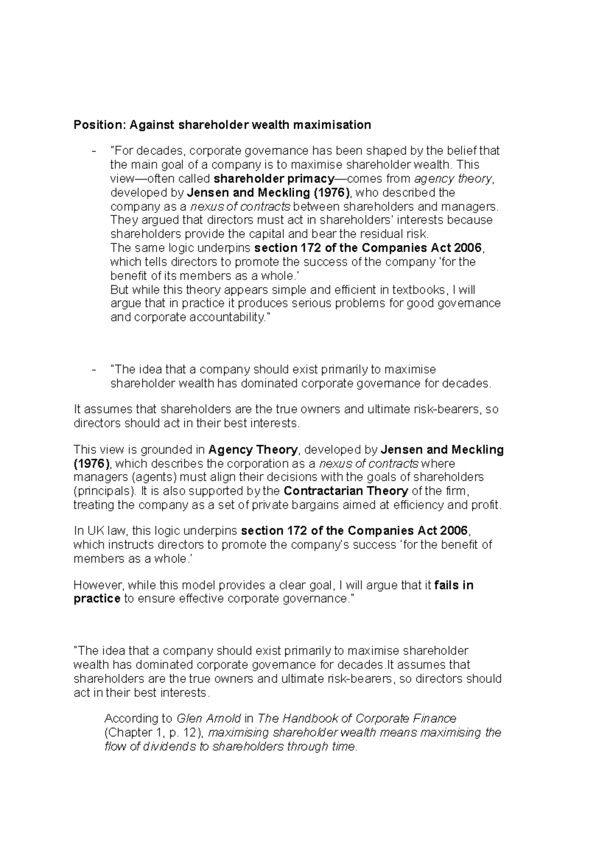 Prep for Corp Exam: Shareholder Wealth Maximisation Debate & Governance ...