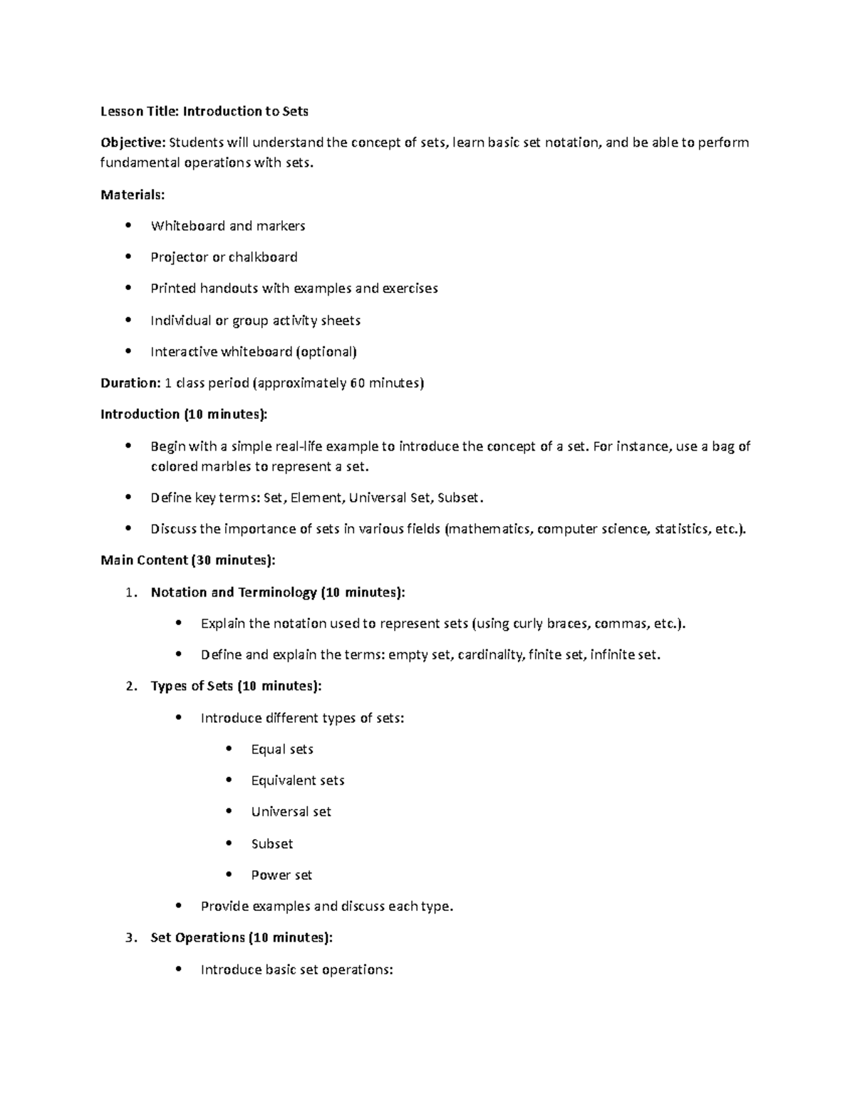 Introduction to Sets Lesson Plan: Understanding Basics and Operations ...