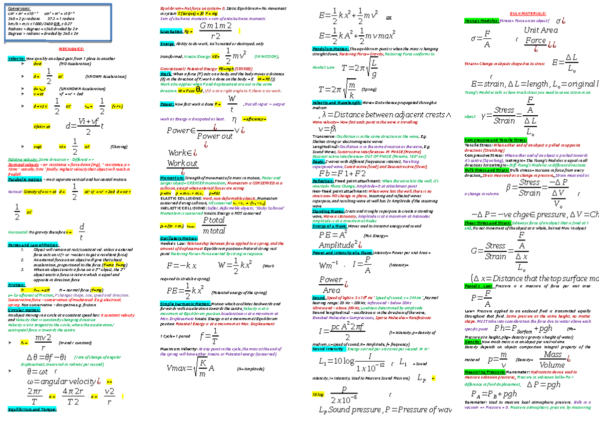 PHSI191 Cheat Sheet - Summary Physics - Conversions: cm 2 > m 2 = x10^-4 cm 3 > m 3 = x10 ...