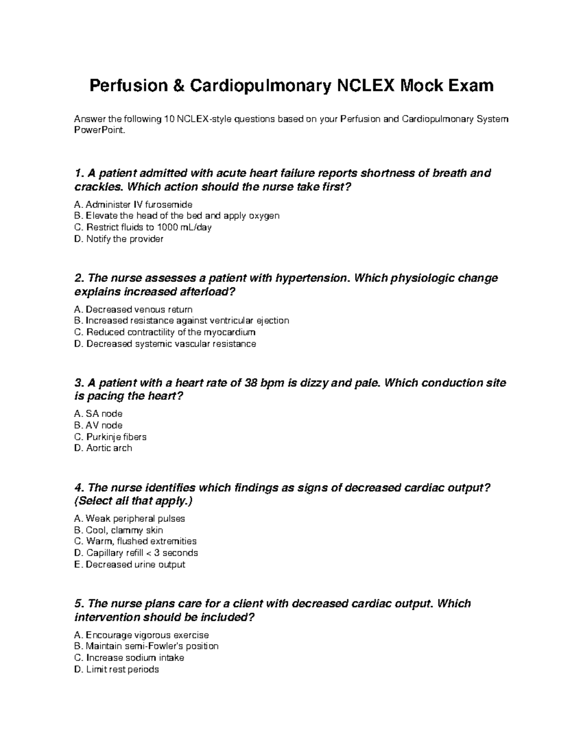 Perfusion & Cardiopulmonary NCLEX Mock Exam Answers - Studocu