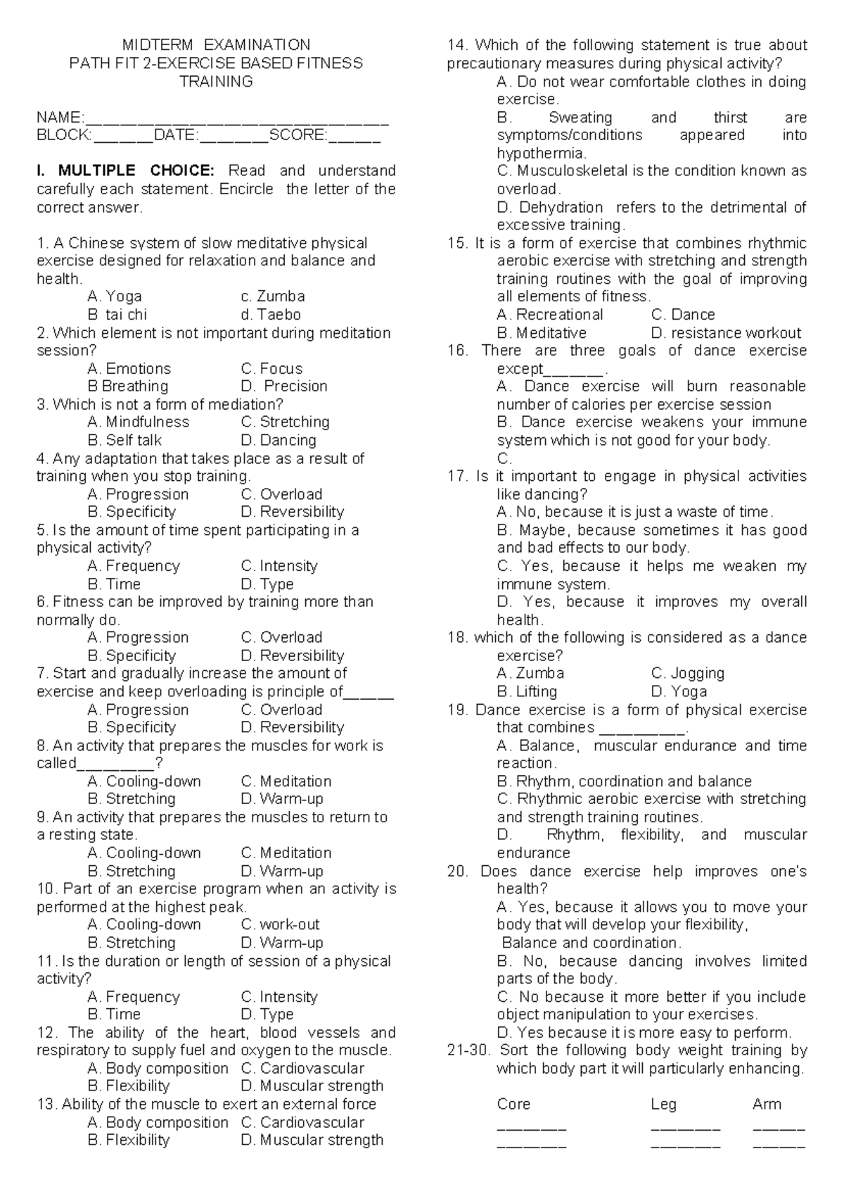 Midterm Exam Review: PATH FIT 2 - Exercise-Based Fitness - Studocu