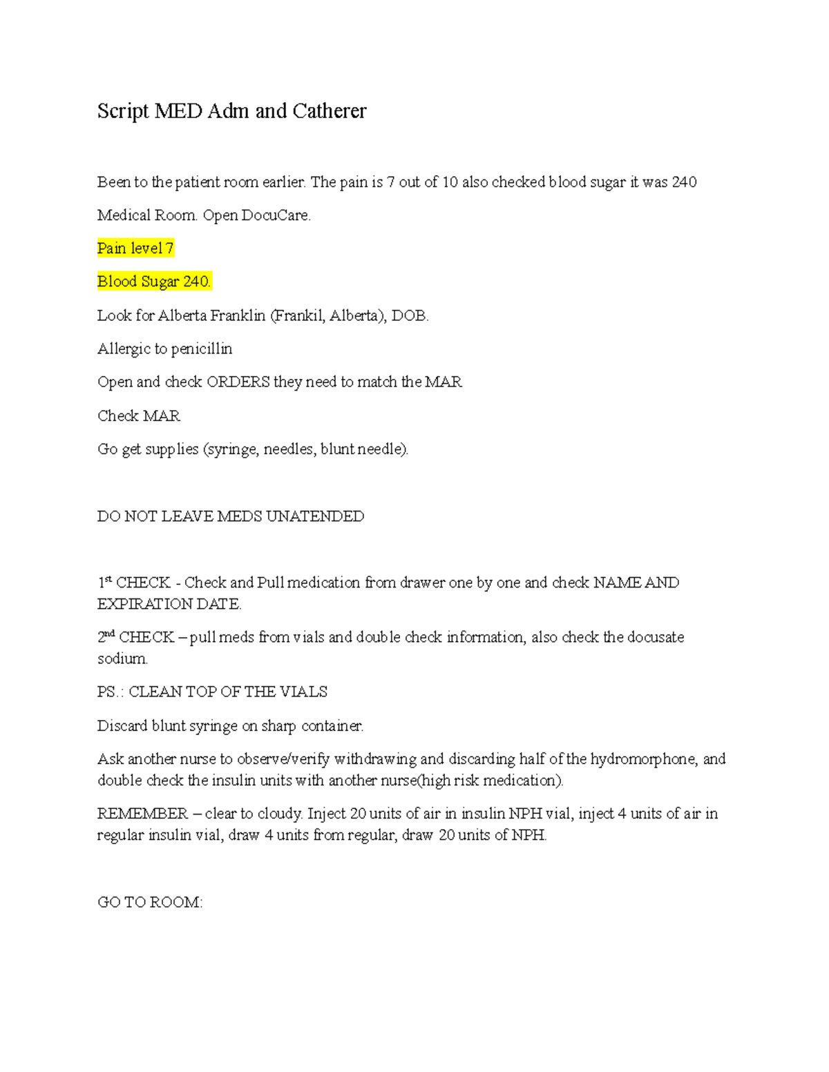 Script MED Adm and Cath - Medication Administration Check Of - Script ...