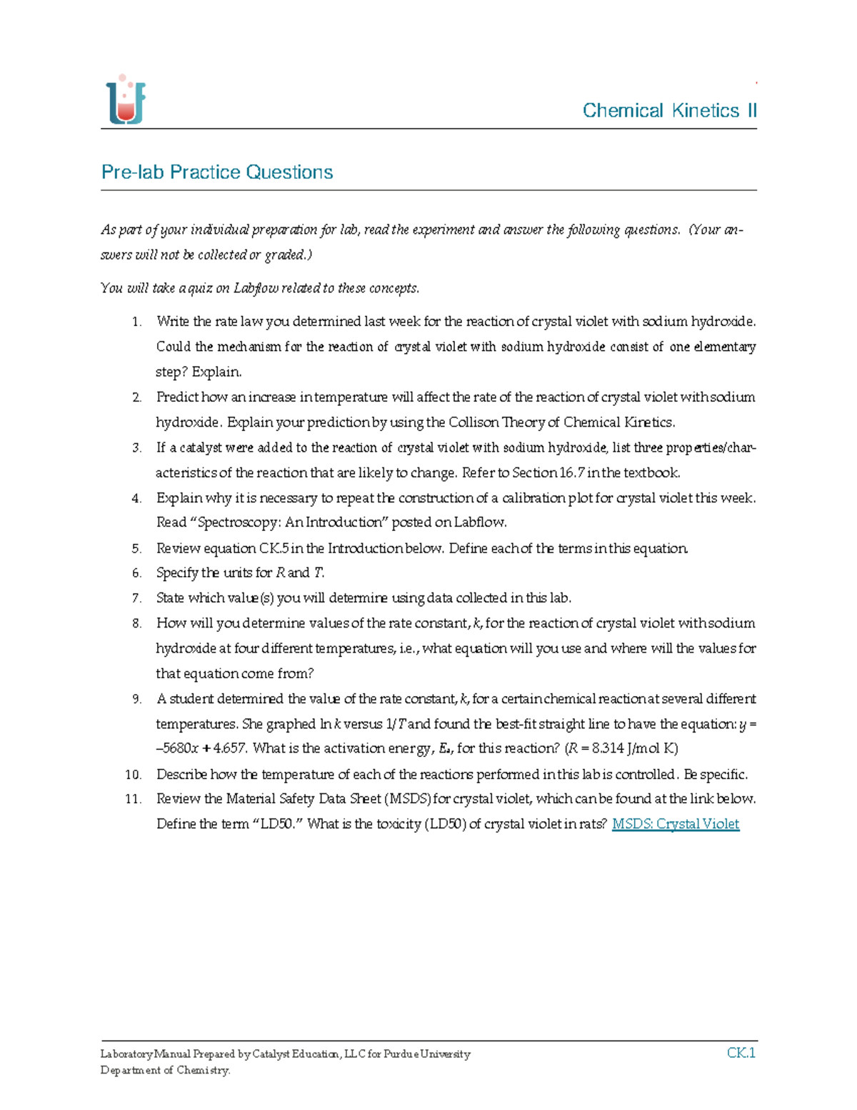 CHM Lab 8: Chemical Kinetics II Practice Questions and Data Analysis ...