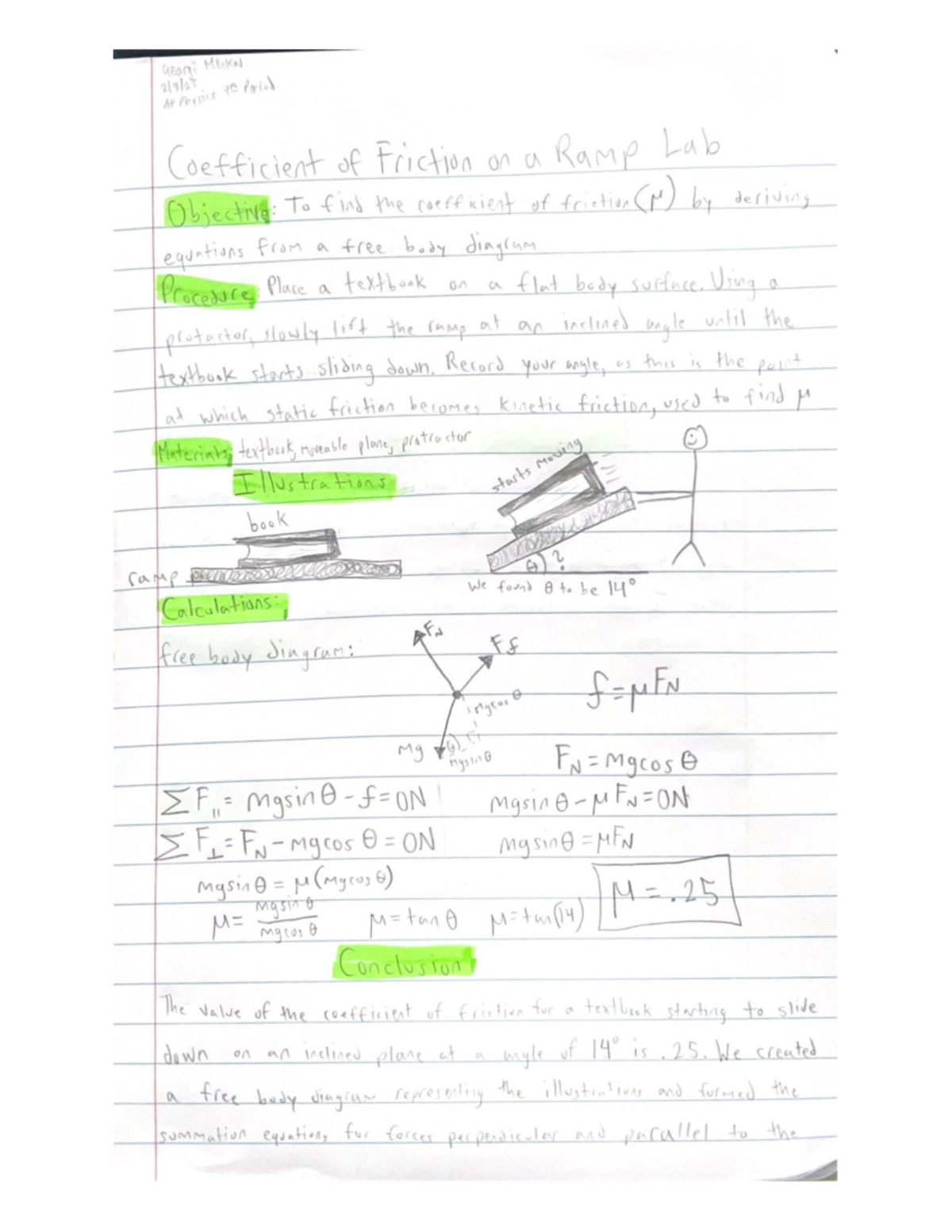 Coefficient of Friction on a Ramp Lab - Uring a protactor, slowly lift ...