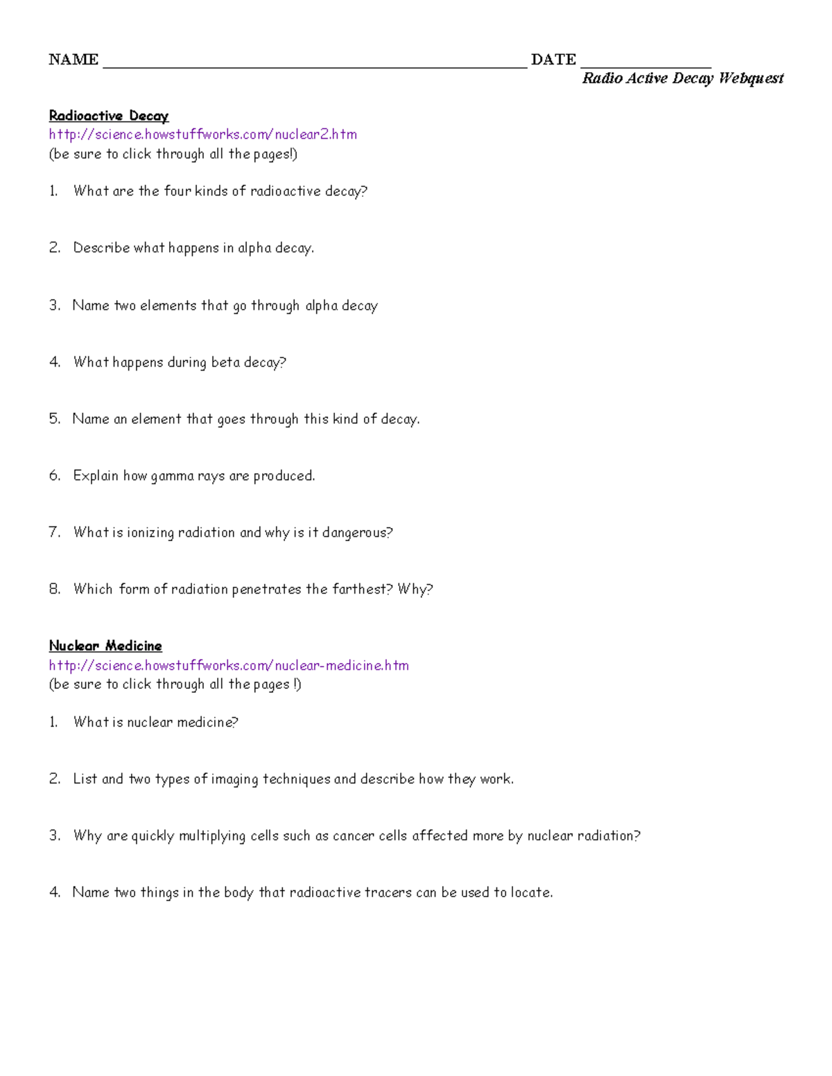 Radioactive Decay Webquest: Understanding Nuclear Processes and Effects ...