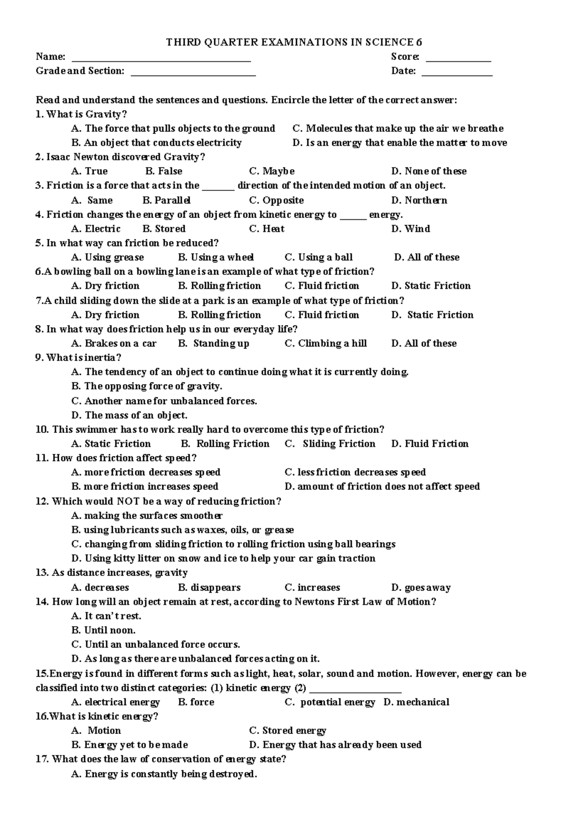 PT Science 6 Q3 - Periodical Test Review with Key Answers - Studocu