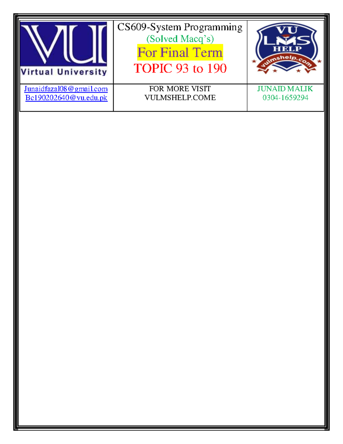 CS609 Solved MCQs for Final Term on System Programming by Junaid - Studocu