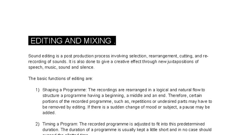 Editing and Mixing Techniques in Post Production (UNIT 4) - Studocu
