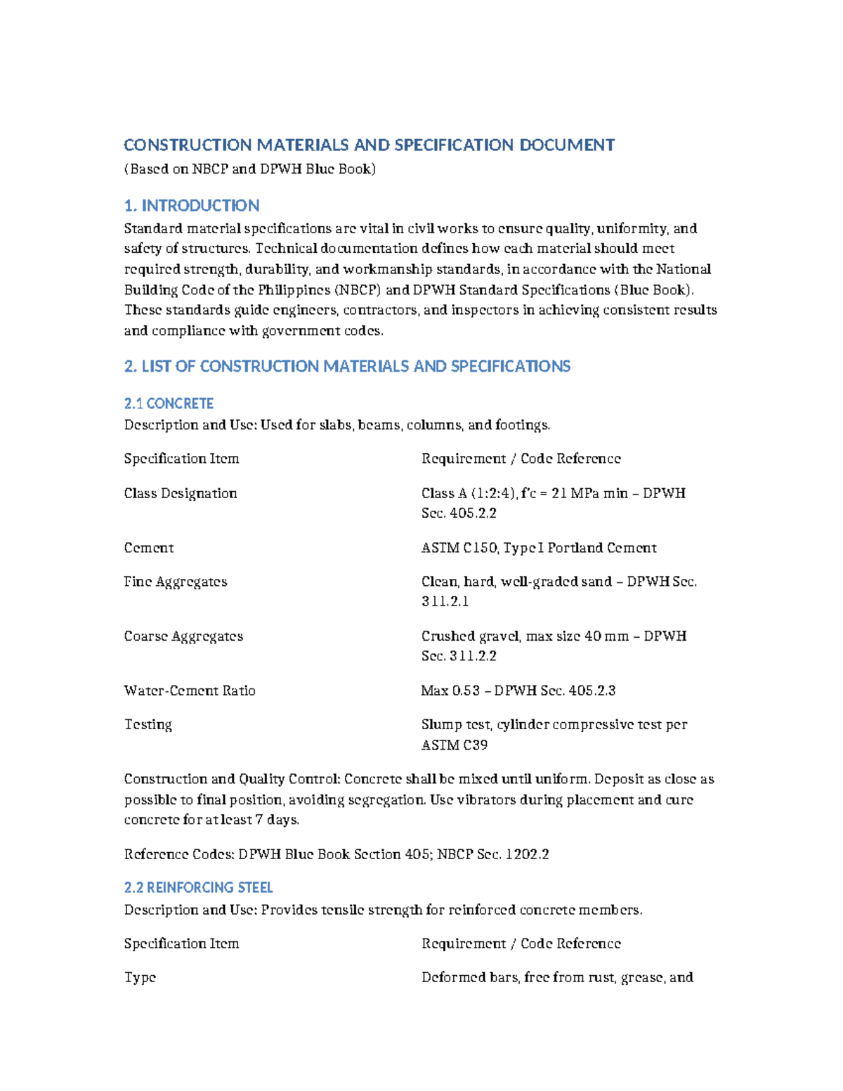 Construction Materials & Specs Guide (NBCP & DPWH Blue Book) - Studocu