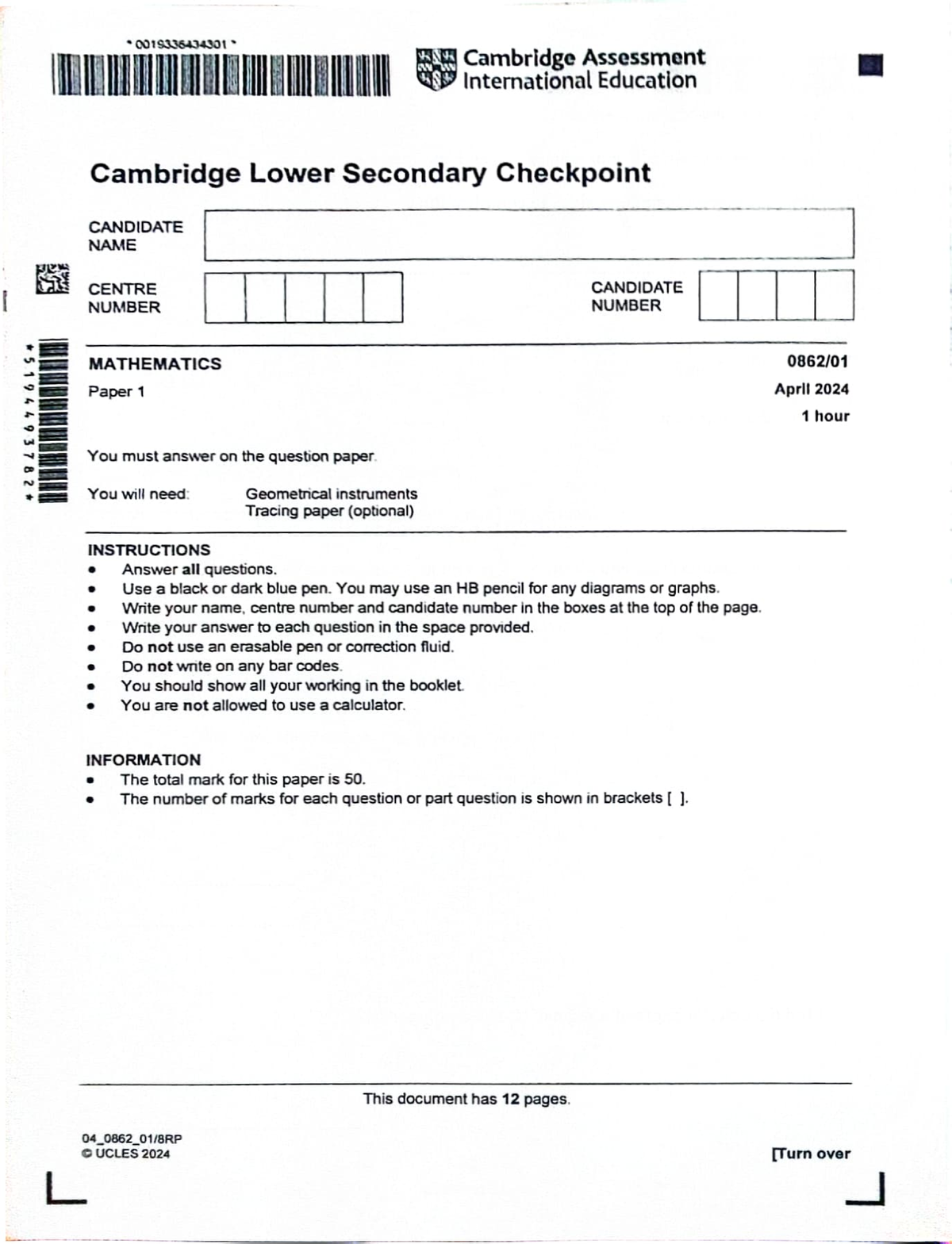 April 2024 Cambridge Lower Secondary Checkpoint Math Paper 1 - Studocu
