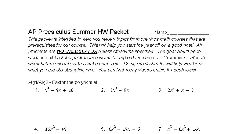 2025 AP Precalculus Summer Homework Review Packet - Studocu
