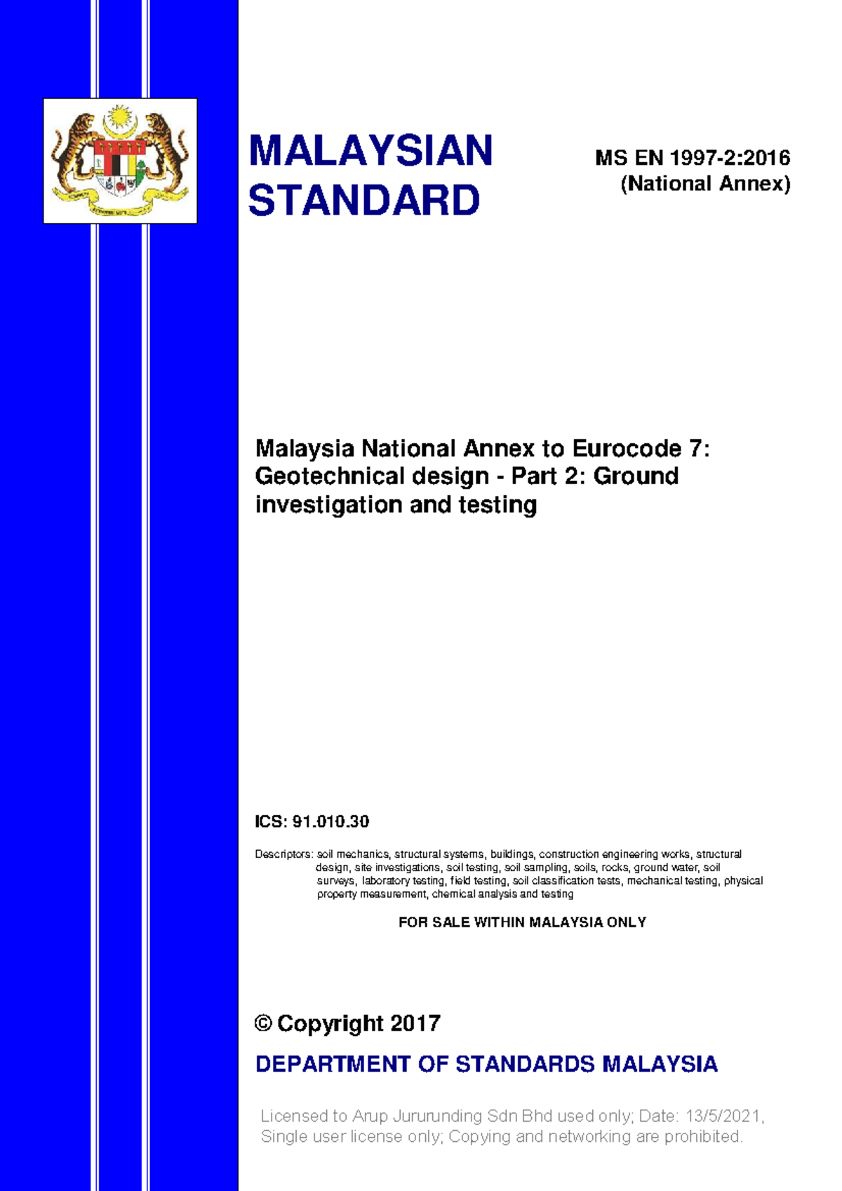 MS EN 1997-2:2016 National Annex for Geotechnical Design in Malaysia ...
