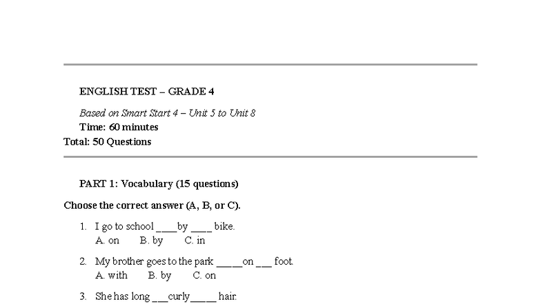ENGLISH TEST GRADE 4: Smart Start 4 Units 5-8 Review - Studocu
