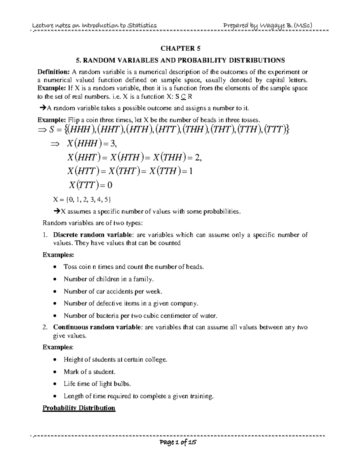 Lecture Notes: Introduction to Statistics (MSc) - Chapter 5: Random ...