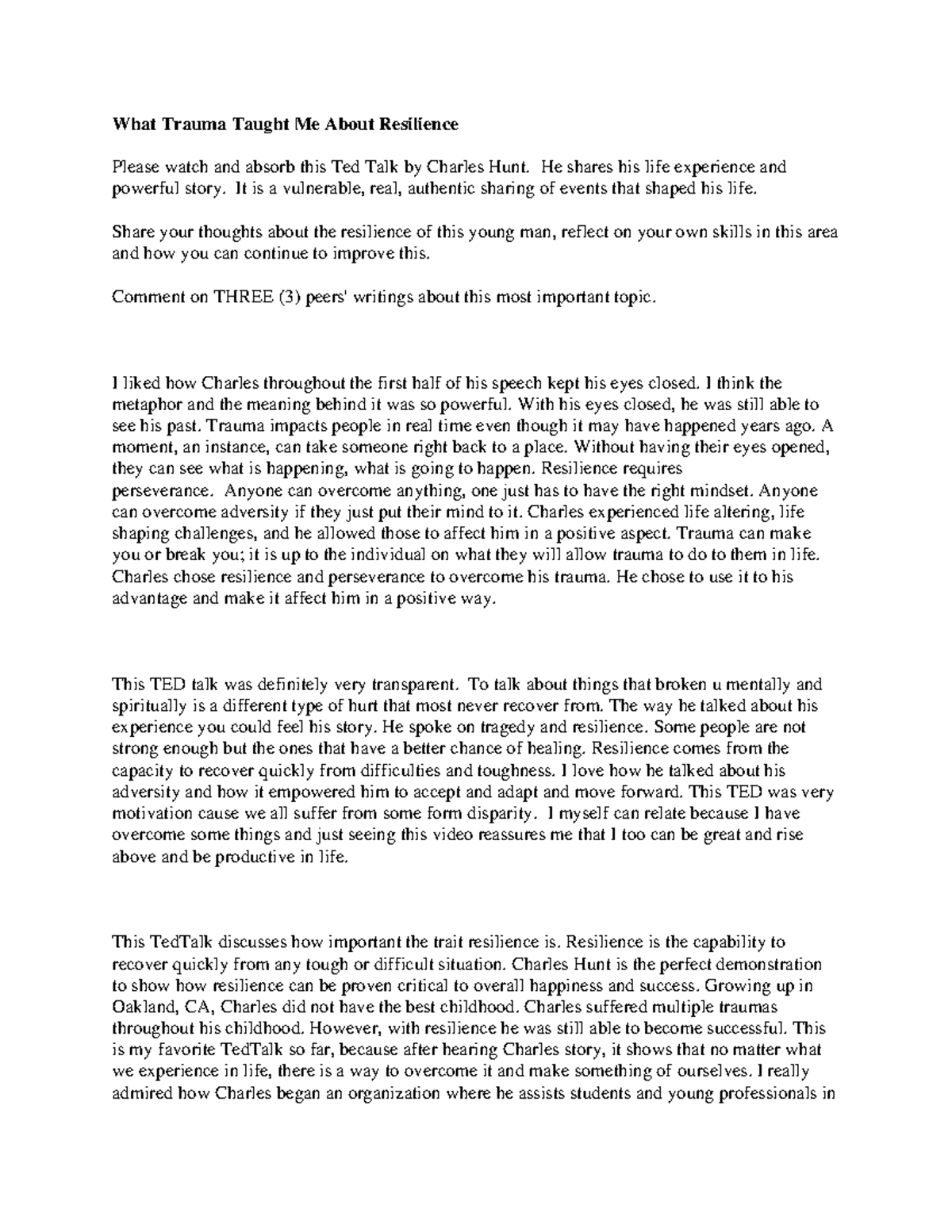 ENG 101: Reflection on Trauma and Resilience from Charles Hunt's TED ...