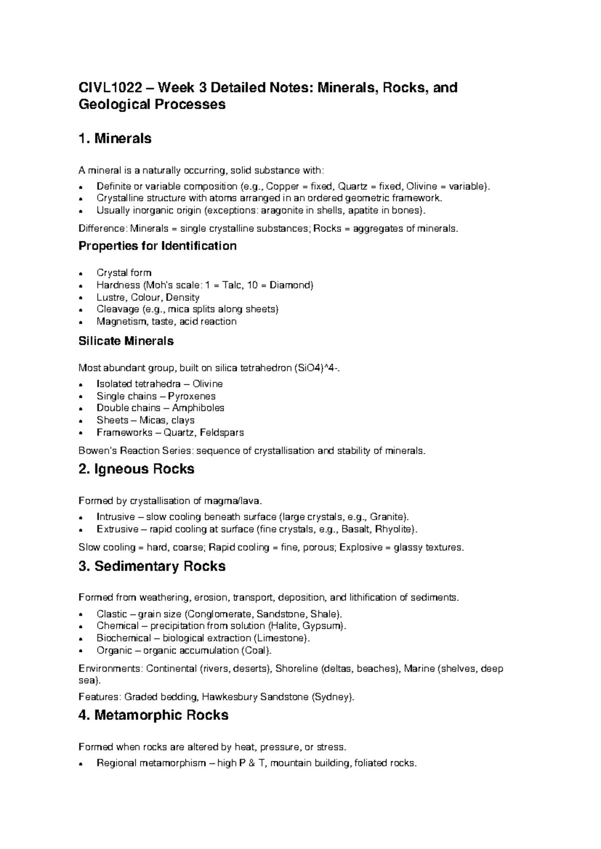 CIVL1022 Week 3 Notes: Minerals, Rocks & Geological Processes - Studocu