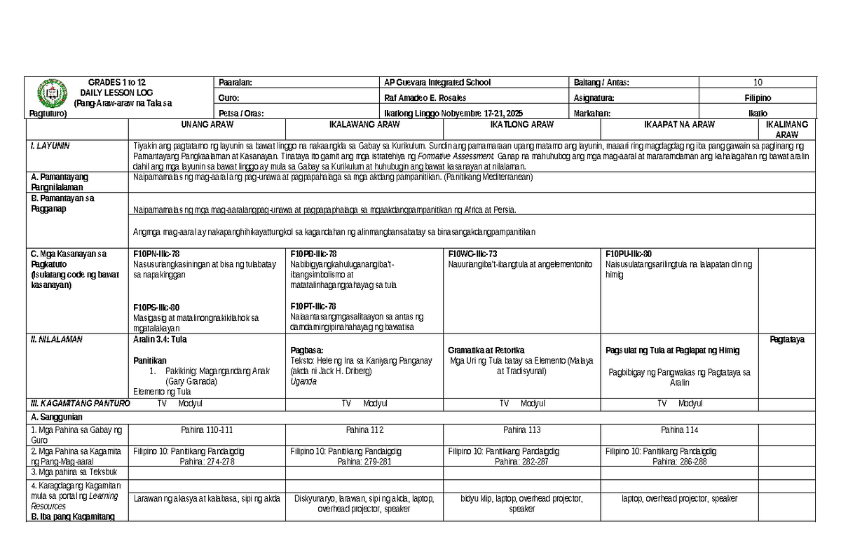 Q3W3 2025 - Daily Lesson Log for Filipino 10 - Studocu