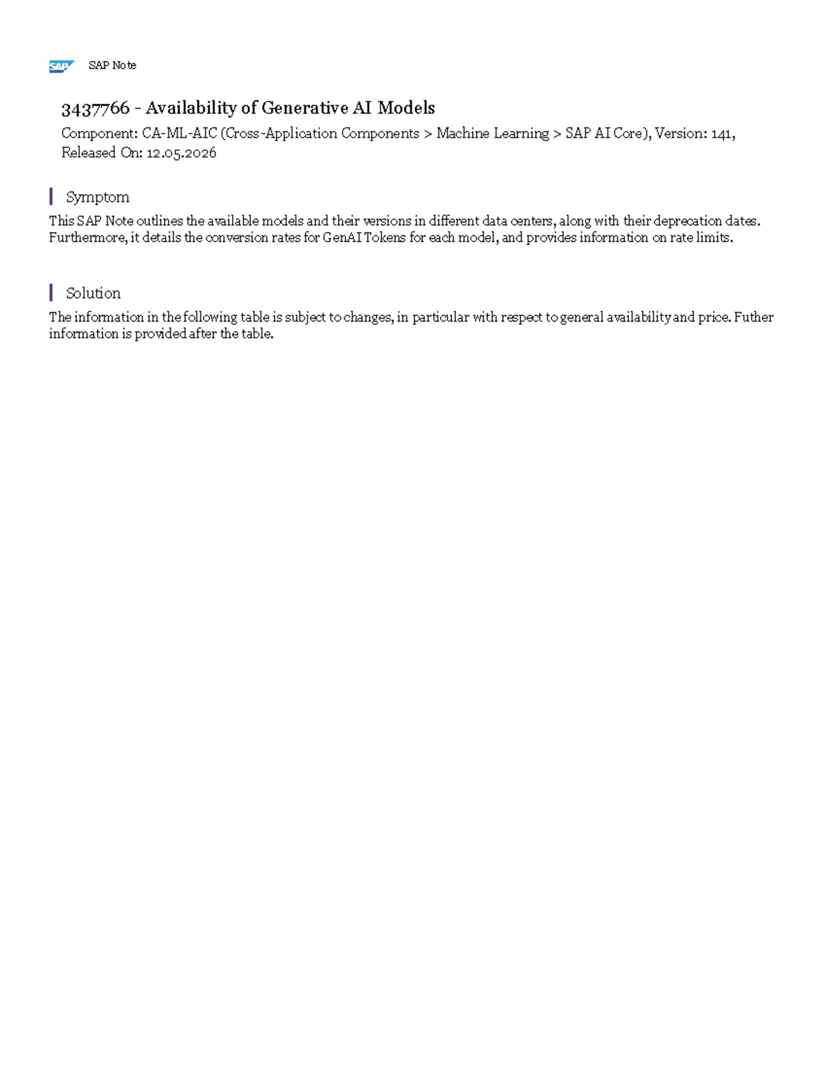 SAP Note 3437766: Generative AI Models Availability & Details - Studocu