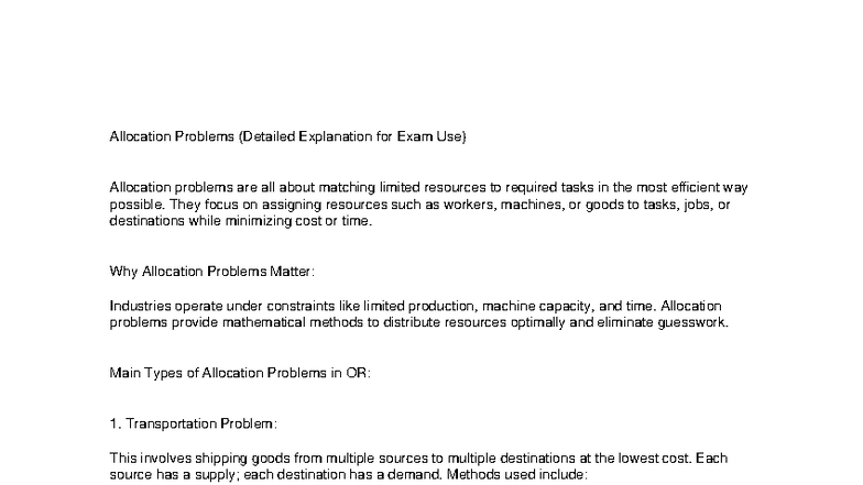 Allocation Problems (Detailed Exam Explanation for OR) - Studocu