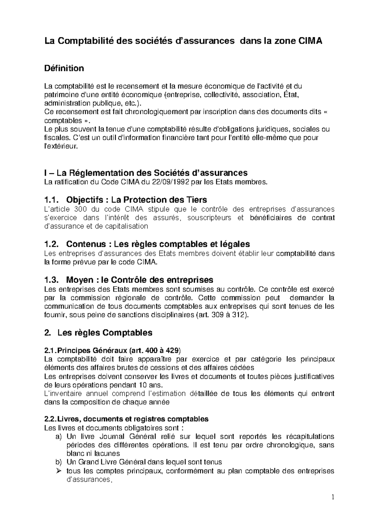 Comptabilité des Sociétés d'Assurances selon le Code CIMA - Studocu