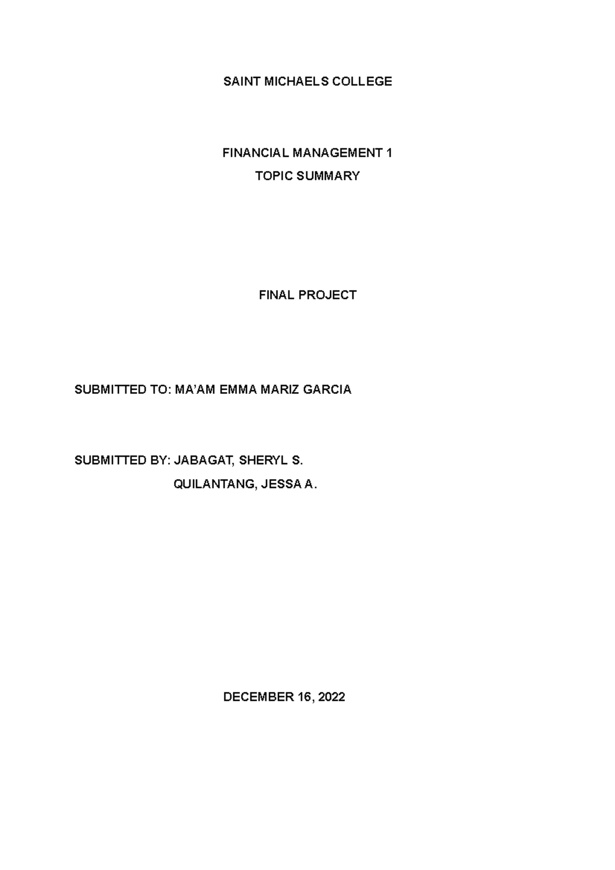 FM 1 Project - Definition of Financial Management to the different ...