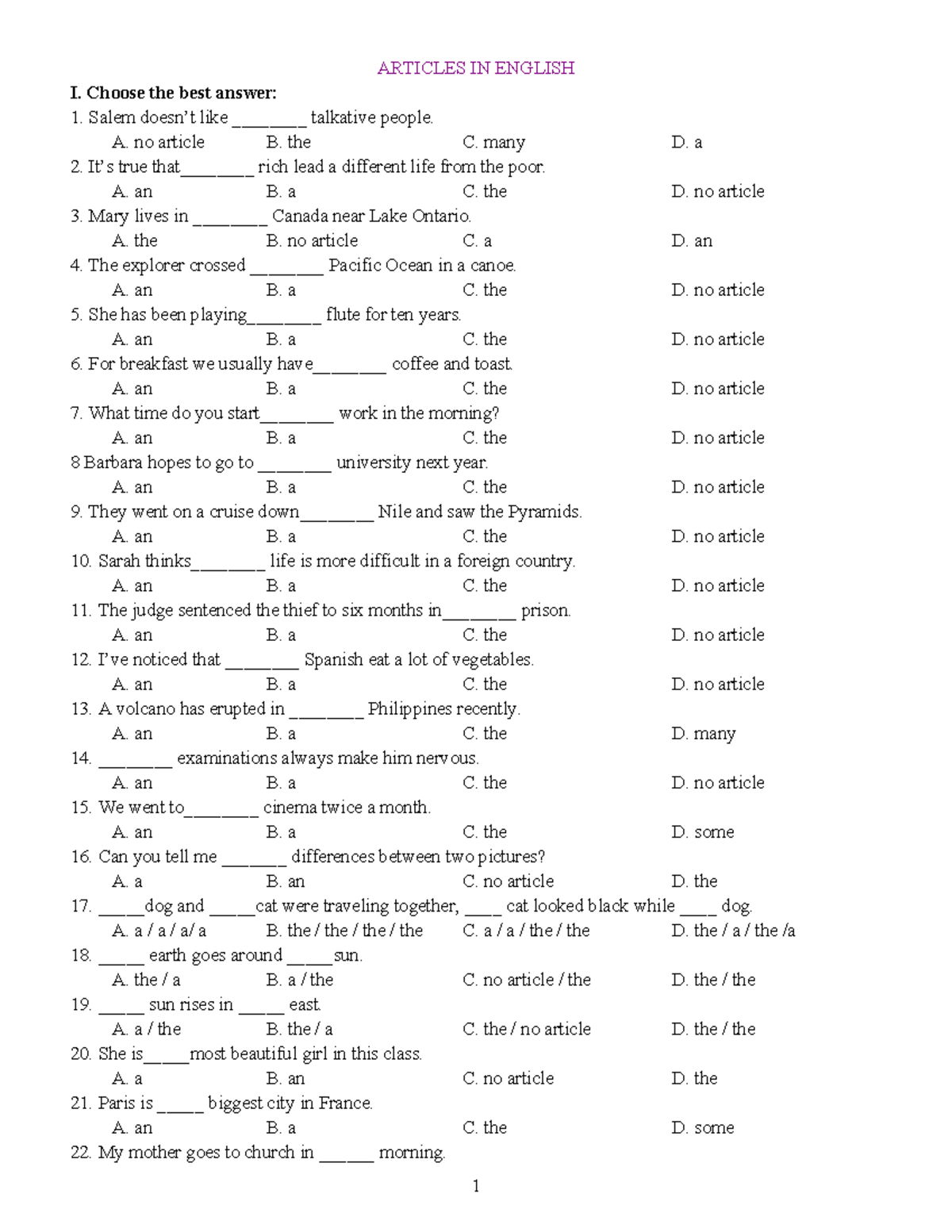 MAO TU Tieng ANH BAI TAP: Articles Practice Exercises - Studocu