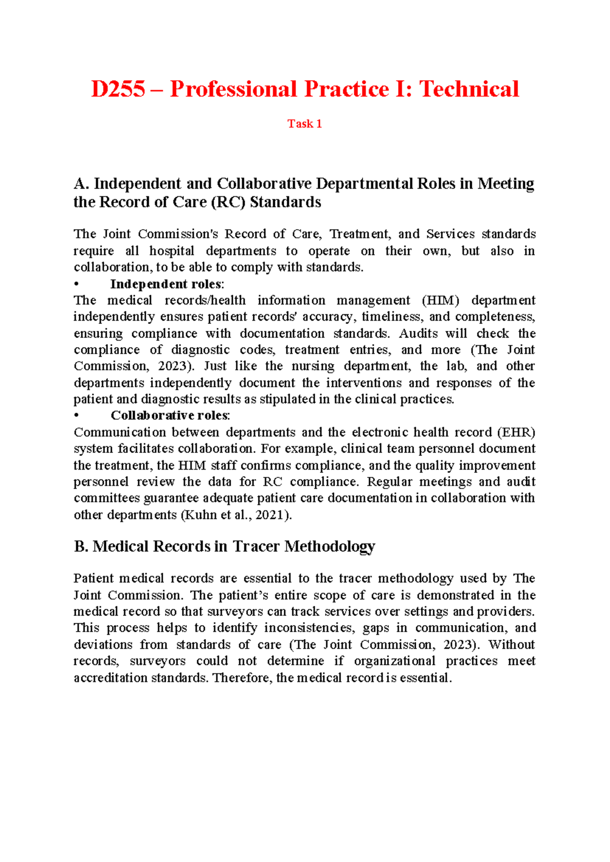D255 Professional Practice I: Tech Task 1 - Roles in Record of Care ...
