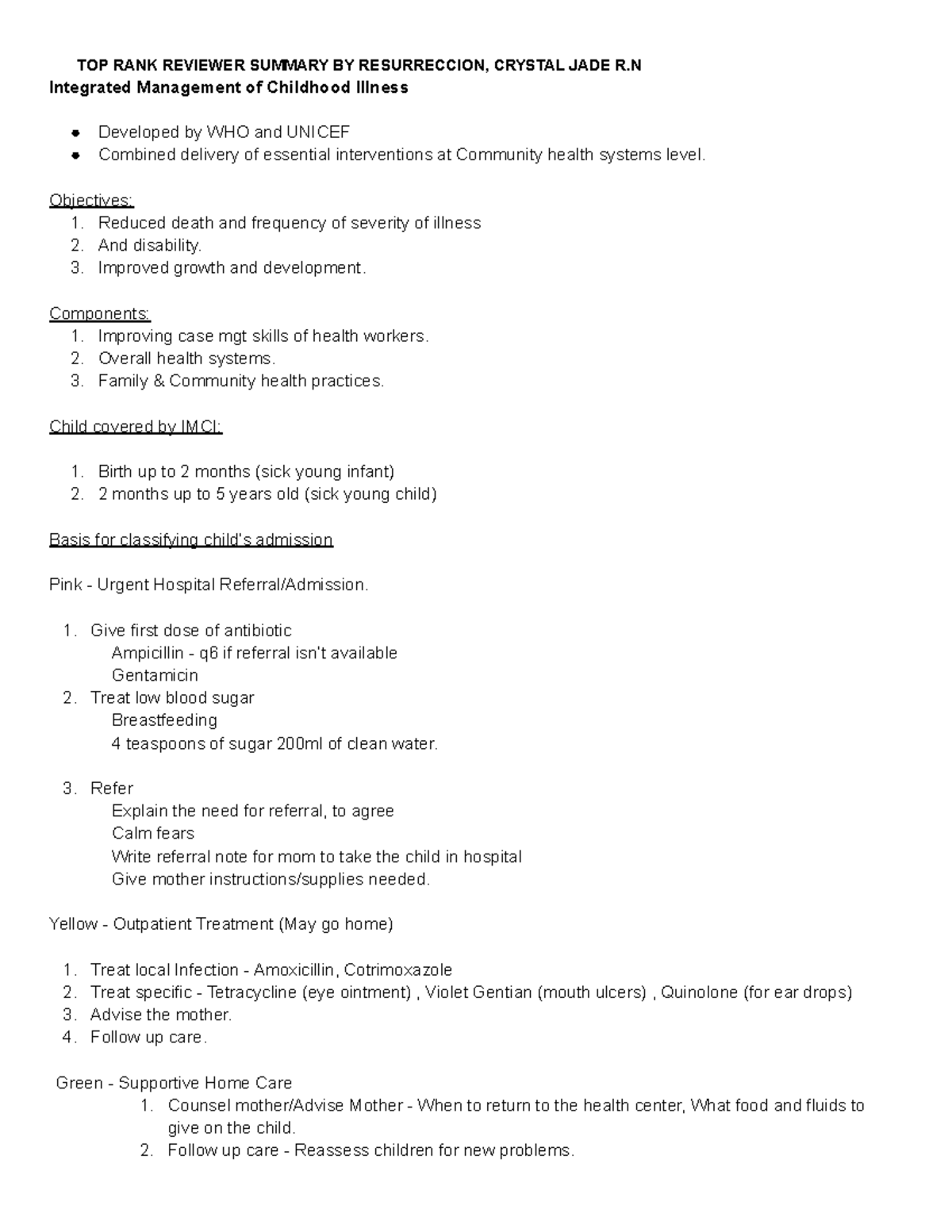 IMCI TopRank Reviewer for Integrated Childhood Illness Management - Studocu