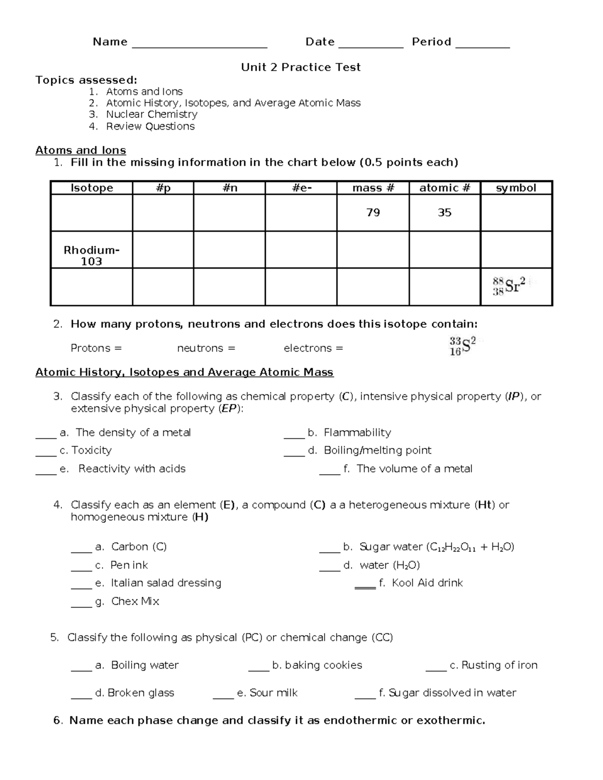 Unit 2 Practice Test: Atoms, Ions, & Nuclear Chem Concepts - Studocu